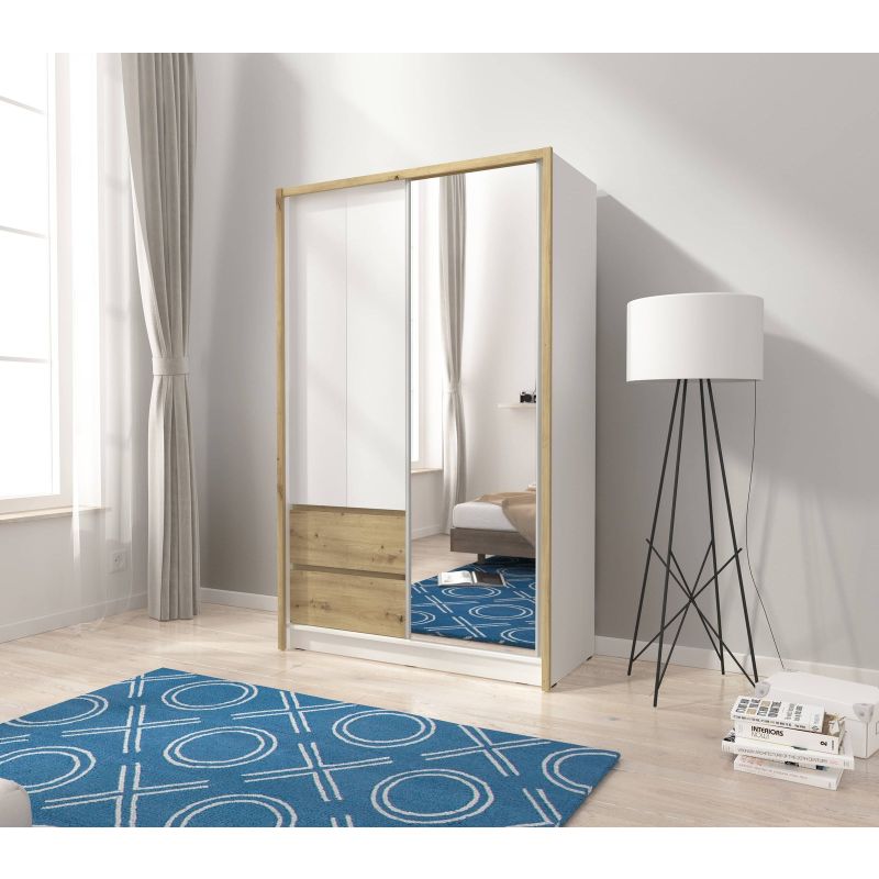 Bruno Sliding Wardrobe in Matt White, Oak, Oak | 1 Door - 130cm Wide