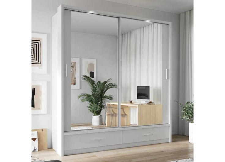 Lenox Sliding Mirrored Wardrobe with drawers in Matt White 2 Door 200cm Wide