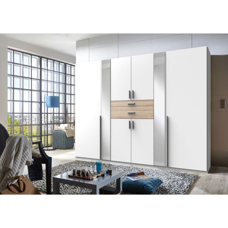 Athena Wardrobe White 6 Hinged Doors + 2 Drawers + Mirrors 270cm