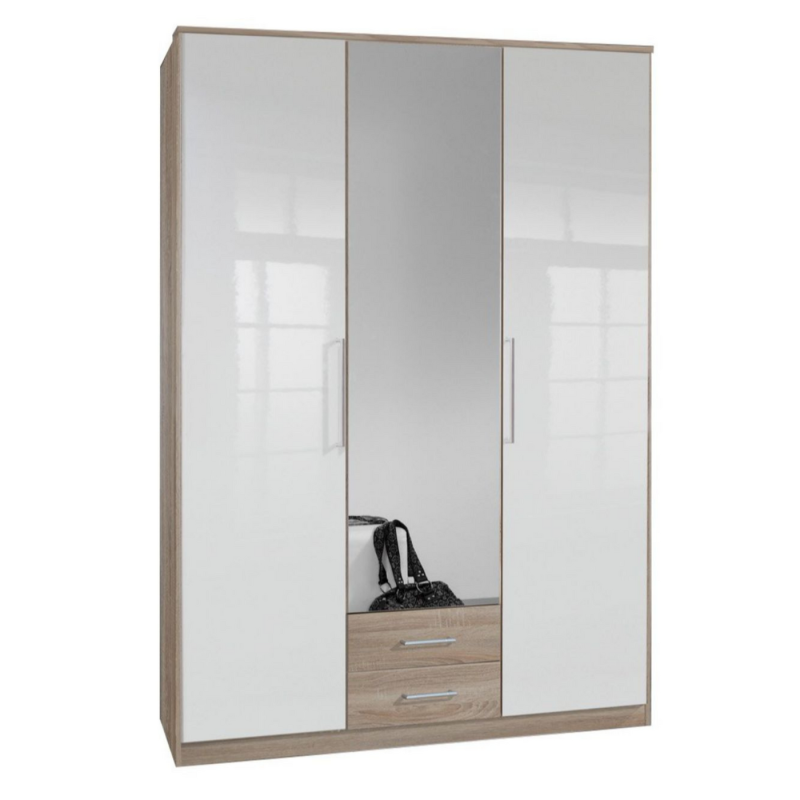 Abel Wardrobe White Gloss & Oak | 3 Doors 2 Drawers
