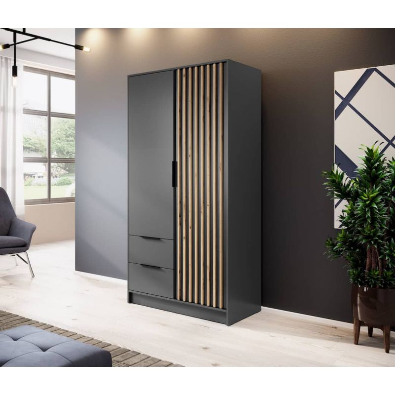 Stripe Dark Grey Wardrobe with Drawers Narrow Hinged 2 Door 105cm