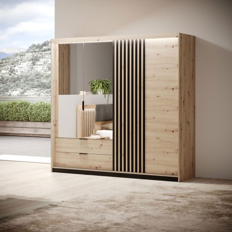 Stripe Oak Hinged Wardrobe with Drawers + Mirrors 220cm