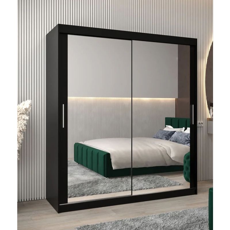 Soho Black Sliding Wardrobe with Drawers, Double Mirror 180cm