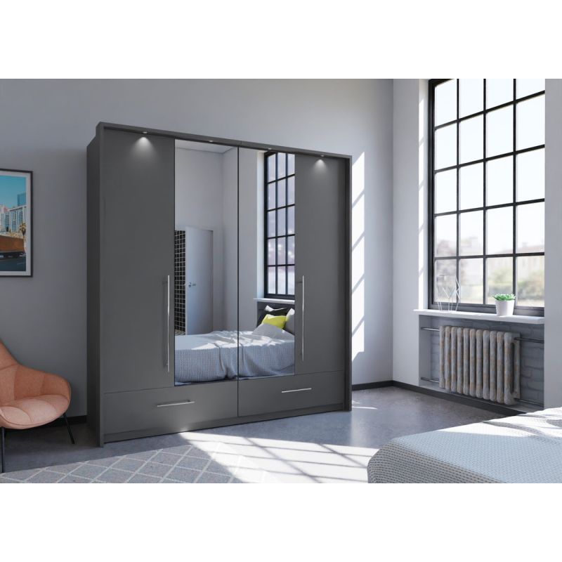 Bi-folding wardrobe Lisa with 4 doors 210cm [graphite grey matt & mirror]