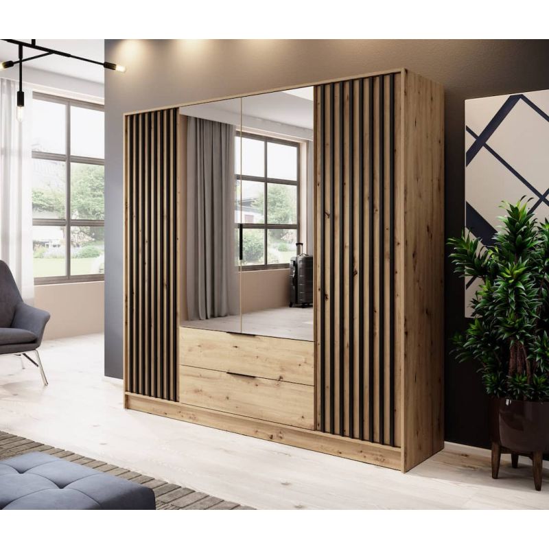 Stripe Oak Hinged Mirrored Door Wardrobe 206cm