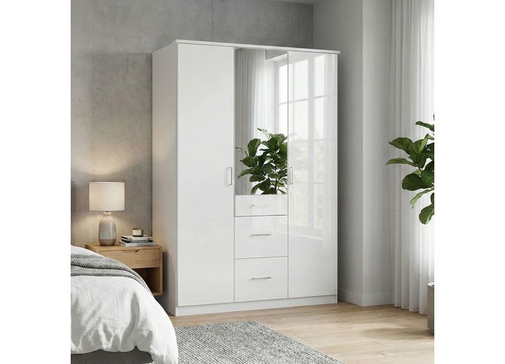 Alpine 3 Door Wardrobe 135cm with Mirror | White High Gloss